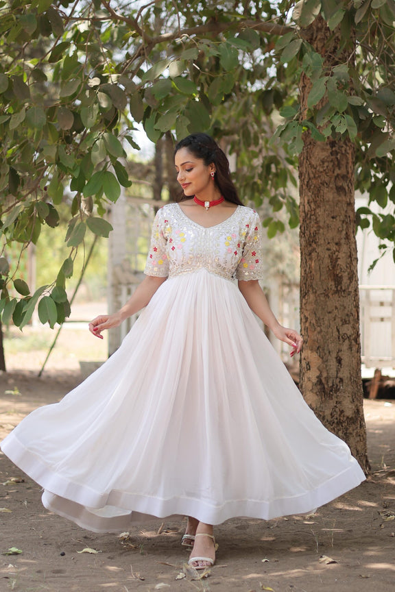 White Frock | Georgette Long Dress – Akruti Collections