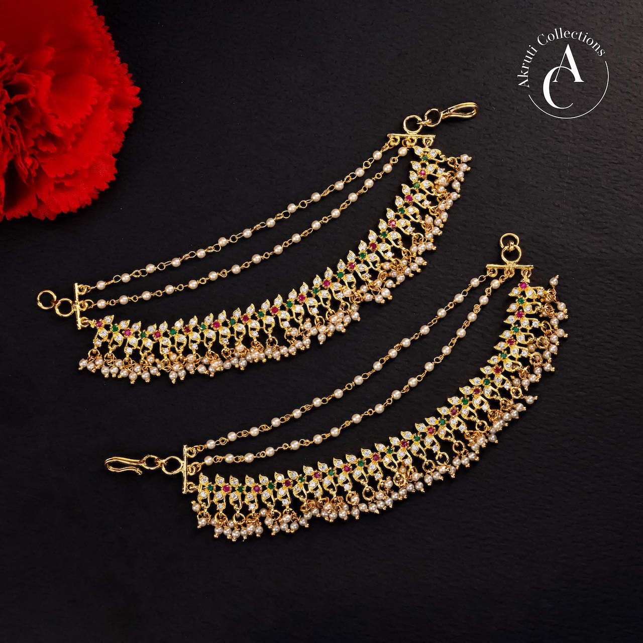Traditional Ear Chain | Emerald Pearl Champasaralu – Akruti Collections